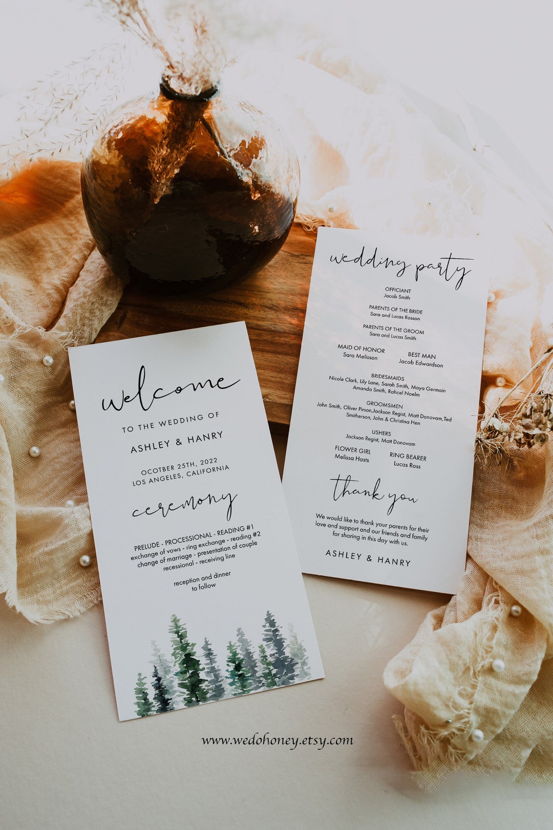 Pine Wedding Program Template, Rustic Mountain, Forest Program for Wedding, Editable Text With ...