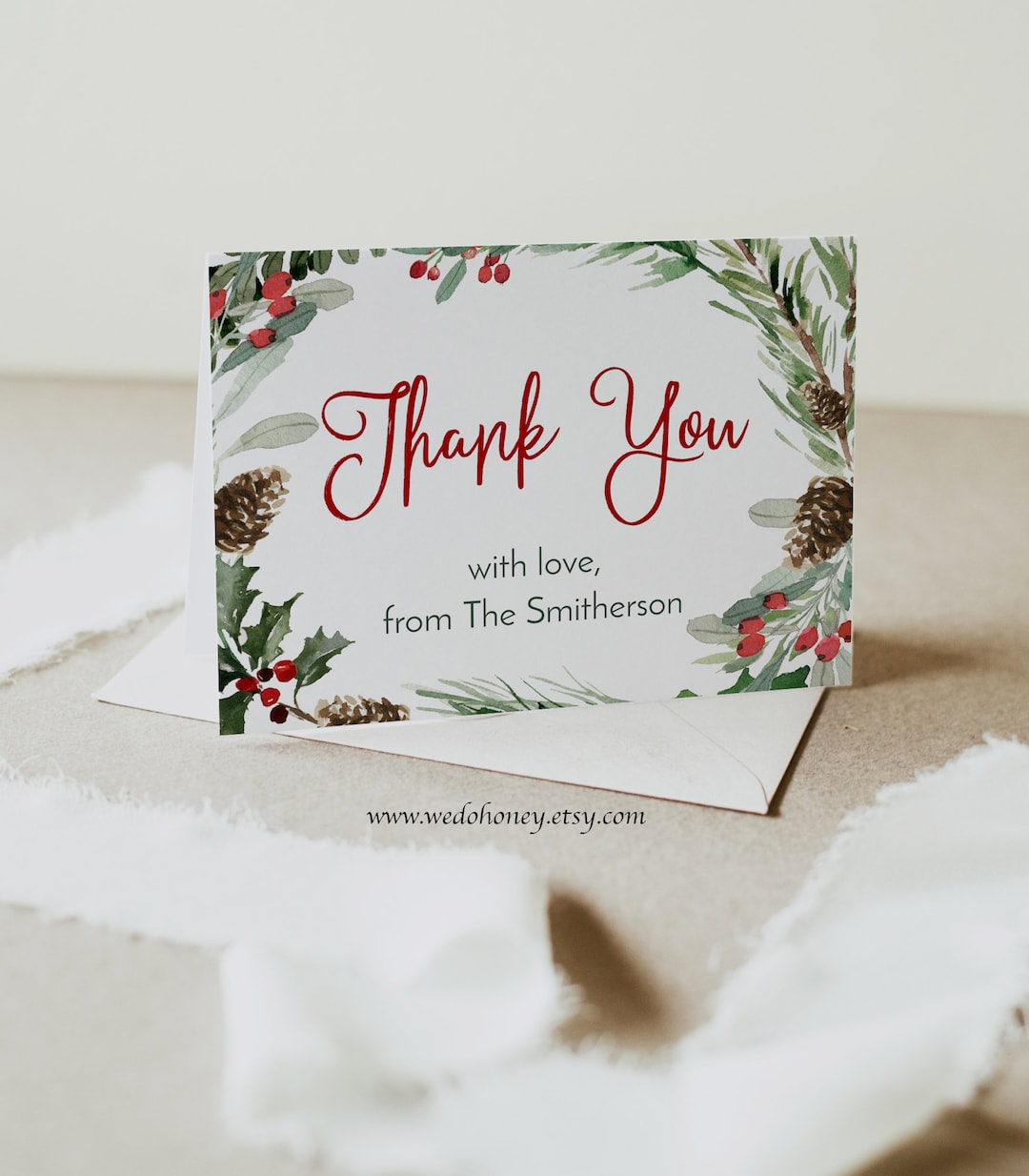 Christmas Thank You Card Template, Folded or Flat, Holiday Thank You ...