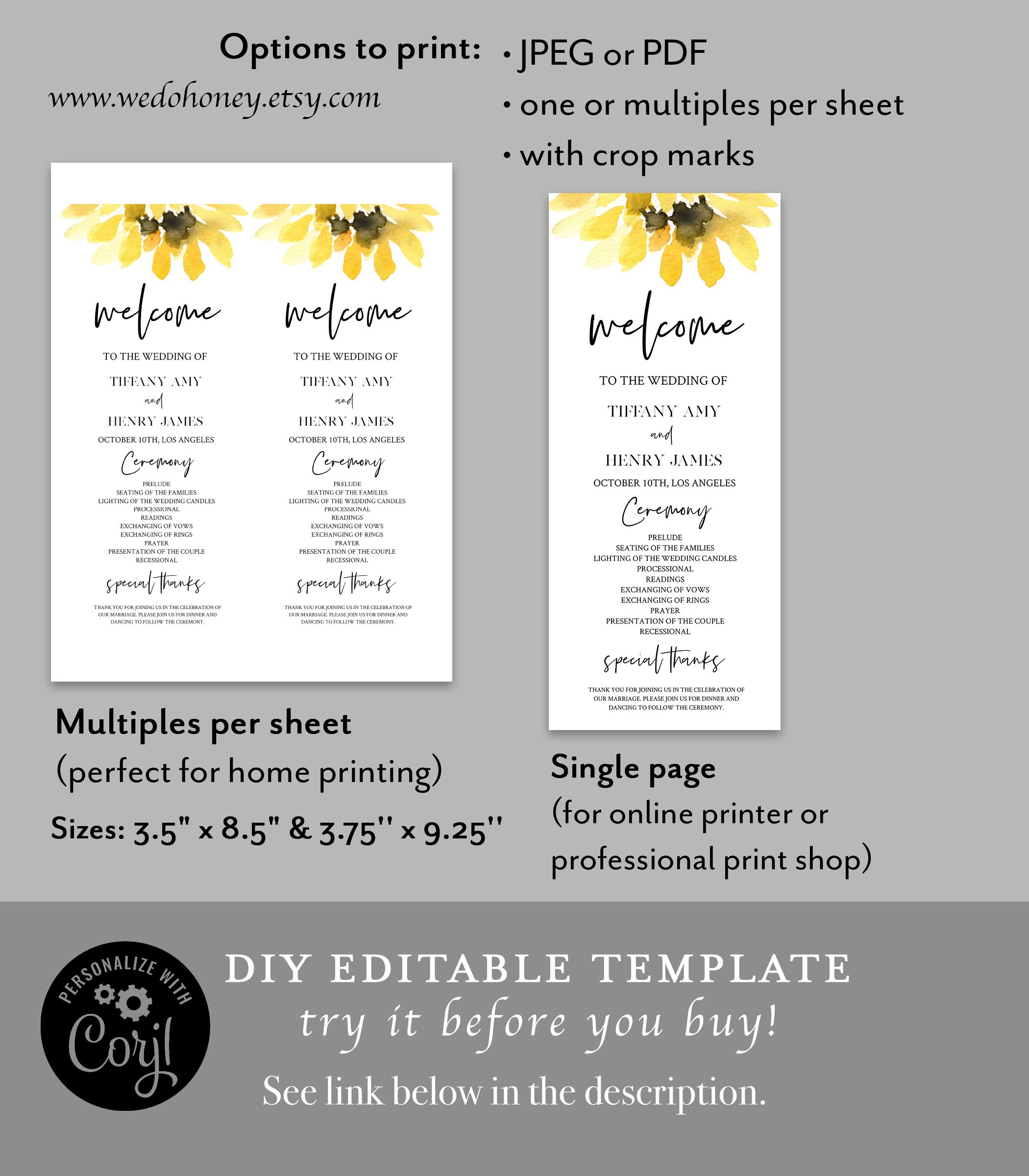Sunflower Program Template Editable Printable Ceremony Edit | Etsy