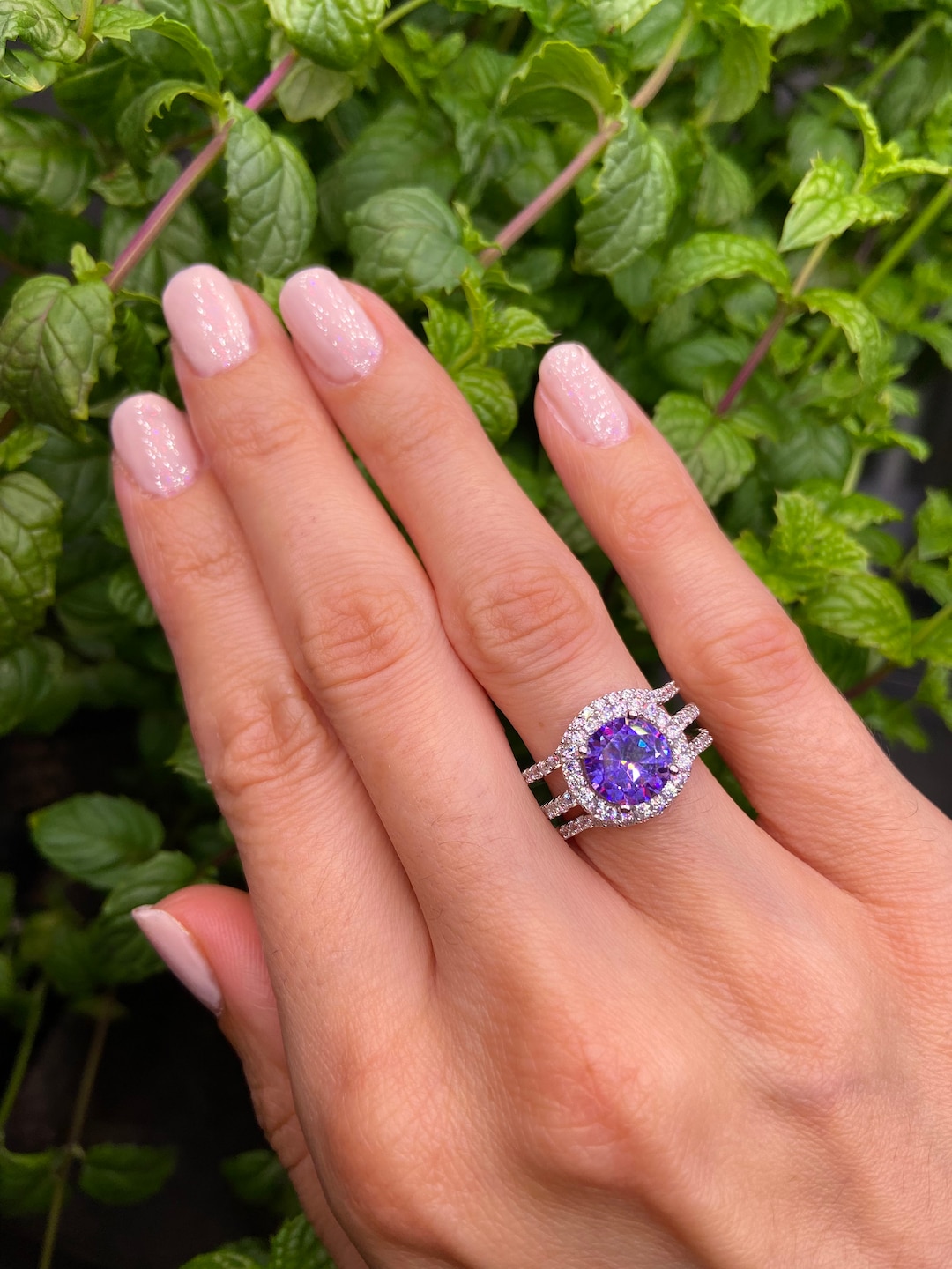 Amethyst Ring Set: Sterling Silver Cushion Cut, CZ Halo - Etsy