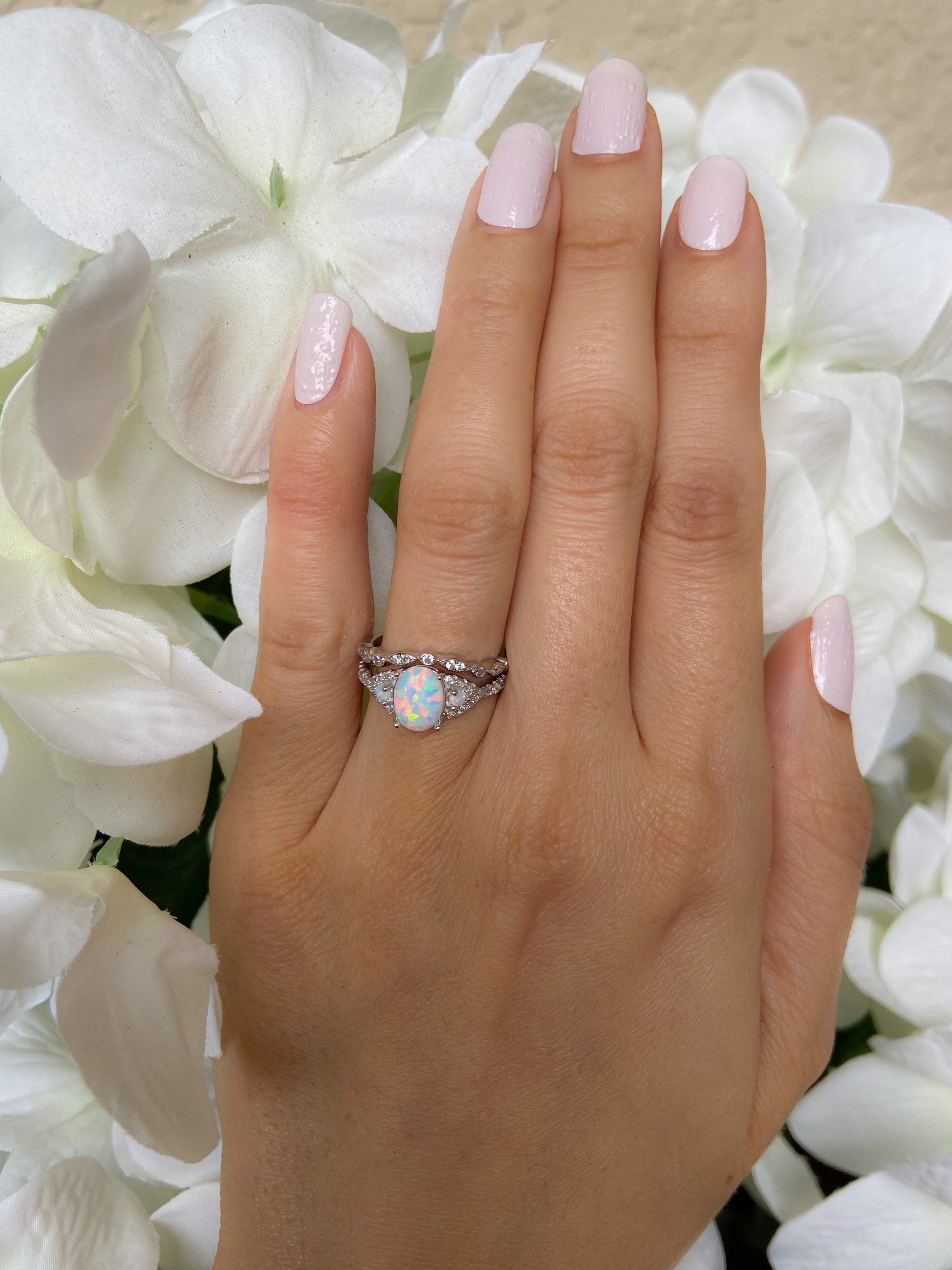 Opal Engagement Ring Silver Opal rings opal Wedding Ring set opal Engagement Ring Promise Ring Opal rings white Fire Opal Oval Opal Ring