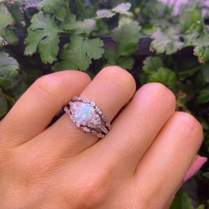 Oval White Fire Opal Engagement Ring Set: Sterling Silver CZ Halo - Etsy