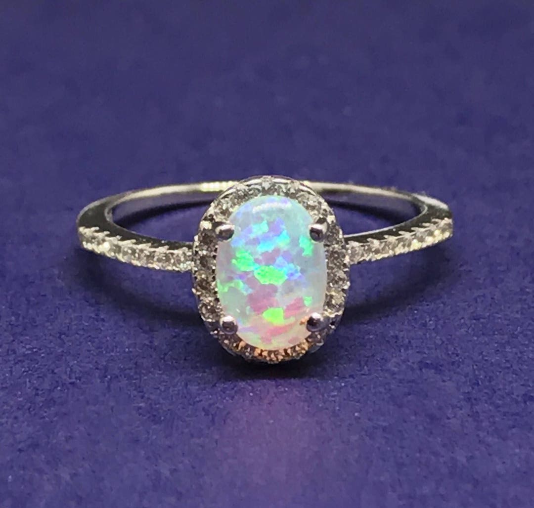 Mermaid Fire Opal Ring-opal Ring-white Opal Ring-halo Ring-promise Ring ...