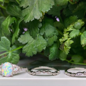 Oval White Fire Opal Engagement Ring Set: Sterling Silver CZ Halo - Etsy