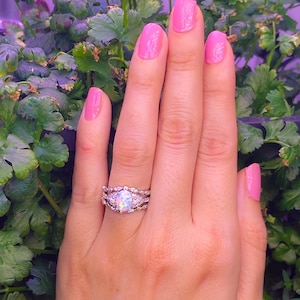 Oval White Fire Opal Engagement Ring Set: Sterling Silver CZ Halo - Etsy