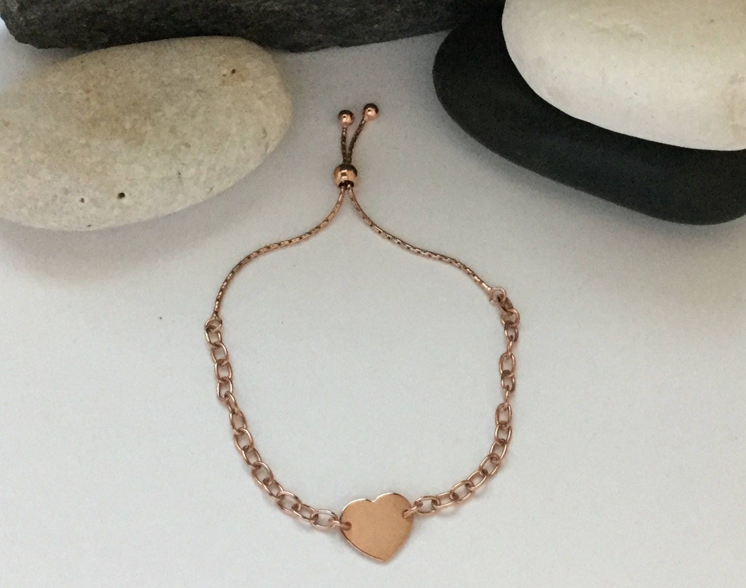 Rose Gold Heart Bracelet: Adjustable Sterling Silver Lariat - Etsy