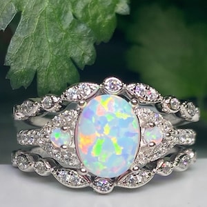 Oval White Fire Opal Engagement Ring Set: Sterling Silver CZ Halo - Etsy
