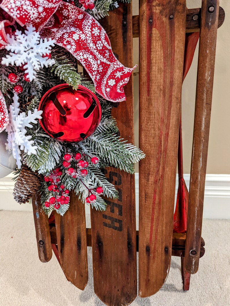 Decorated Antique Sled: Holiday Jingle Bells, Berries & Snowflakes - Etsy