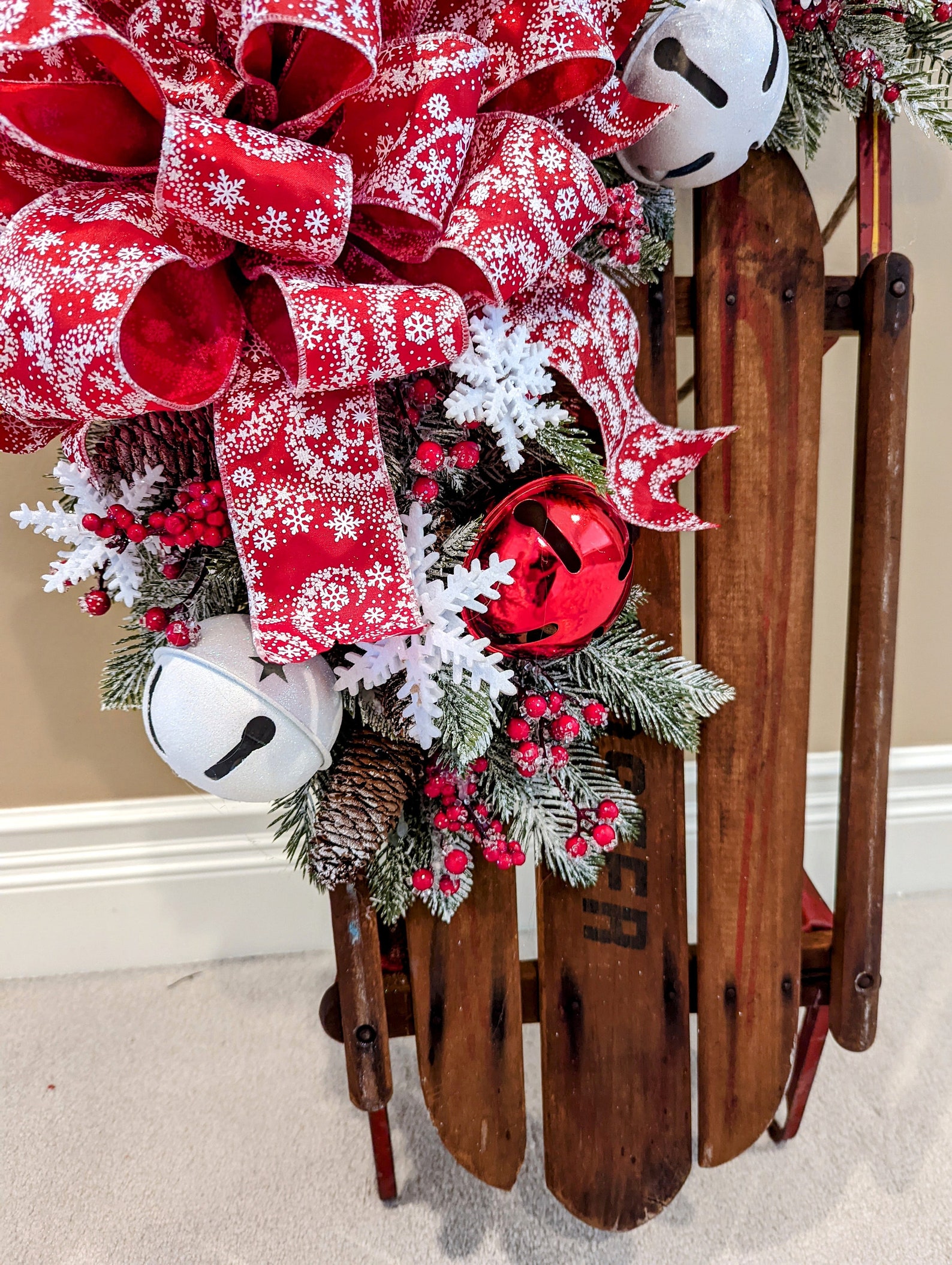 Decorated Antique Sled: Holiday Jingle Bells, Berries & Snowflakes - Etsy