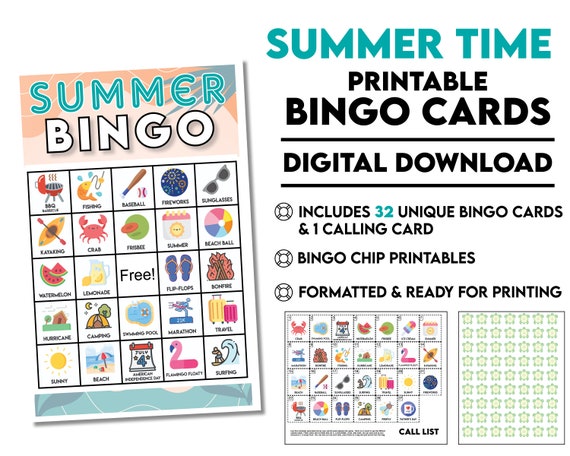 DIGITAL DOWNLOAD 32 Summer Printable Bingo Cards includes Calling Card ...