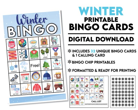 DIGITAL DOWNLOAD 32 Winter Printable Bingo Cards includes Calling Card ...
