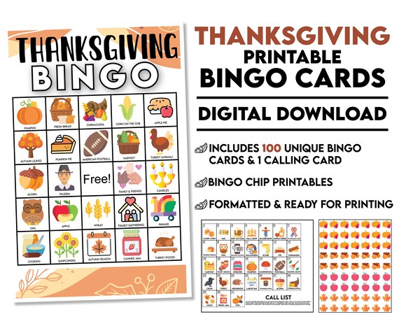 DIGITAL DOWNLOAD 100 Thanksgiving Printable Bingo Cards includes ...
