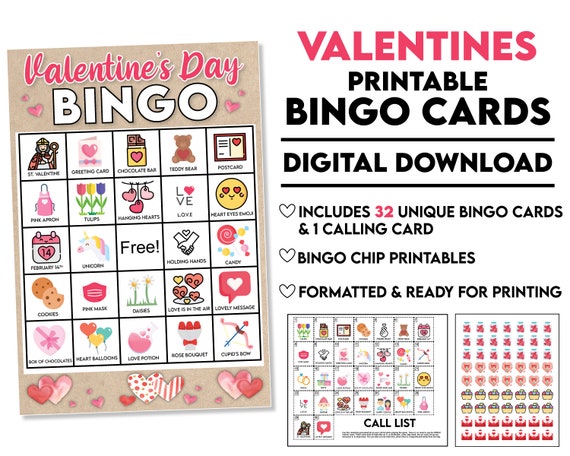DIGITAL DOWNLOAD 32 - Valentines Day Printable Bingo Cards includes ...