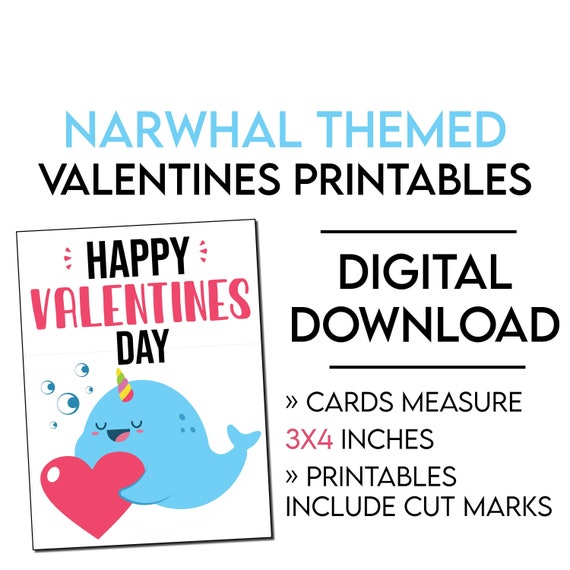 DIGITAL DOWNLOAD - Narwhal Themed Valentines Printables by Red Palette ...