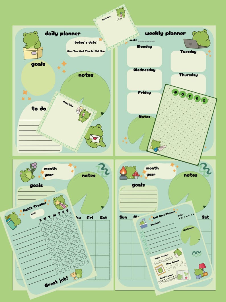 Cute Kawaii Frog Printable Planner Daily Weekly Monthly Habit Tracker ...