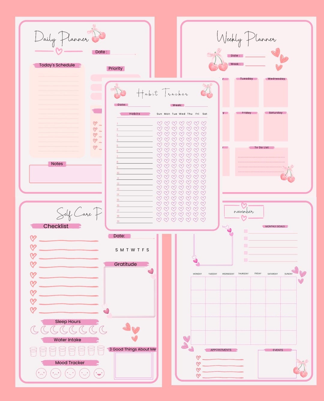 Coquette Pink Cherry Hearts Printable Planner Daily, Weekly, Monthly ...