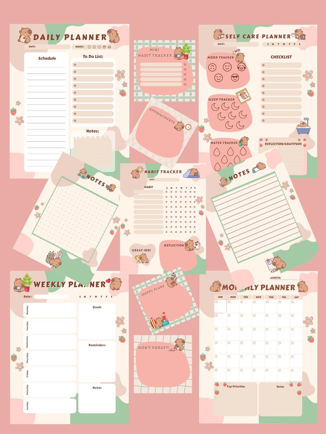 Kawaii Capybara Planner Printable: Daily, Weekly, Monthly, Habit ...
