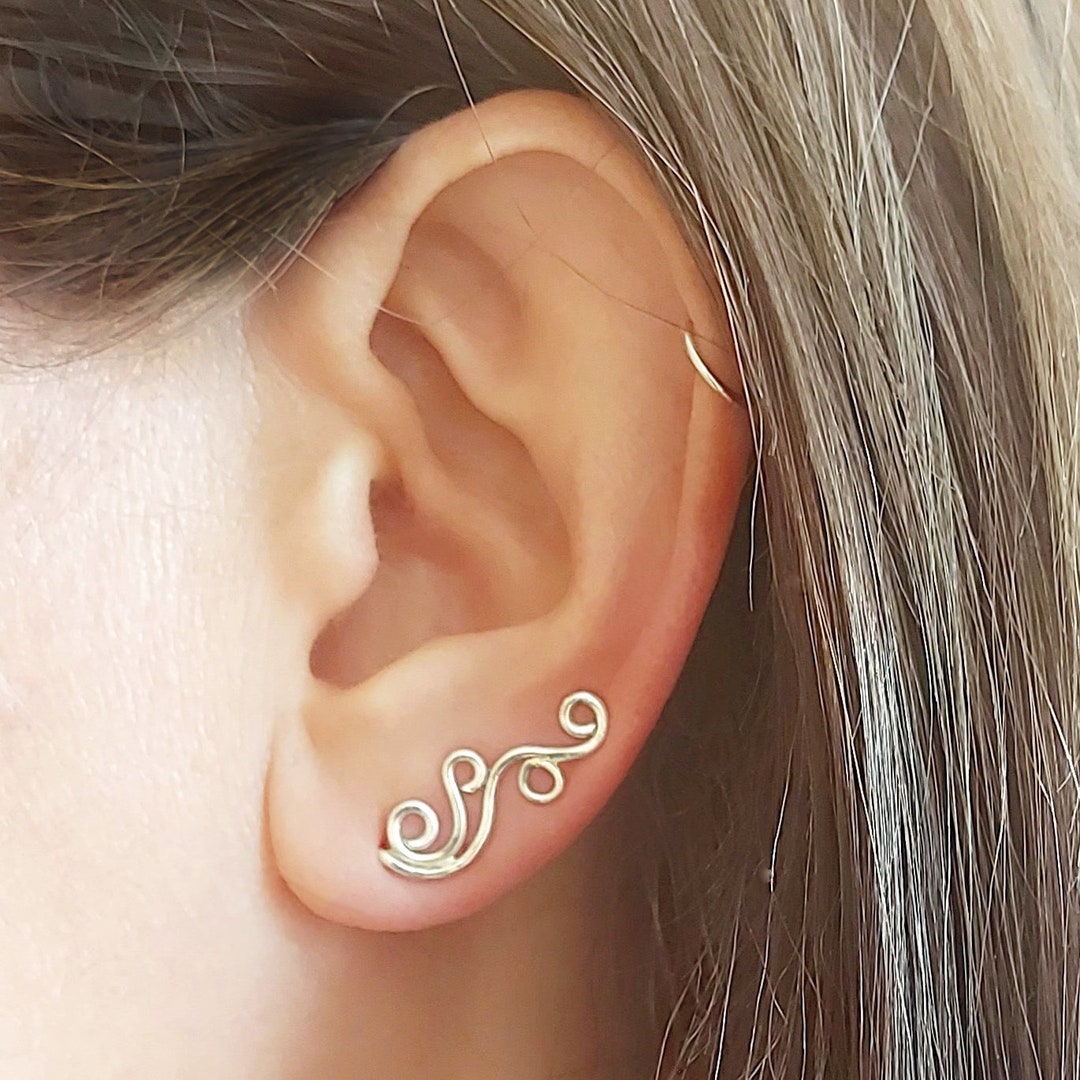 Curly Silver Ear Climber, Minimalist Handmade Ear Pin, Silver Ear ...
