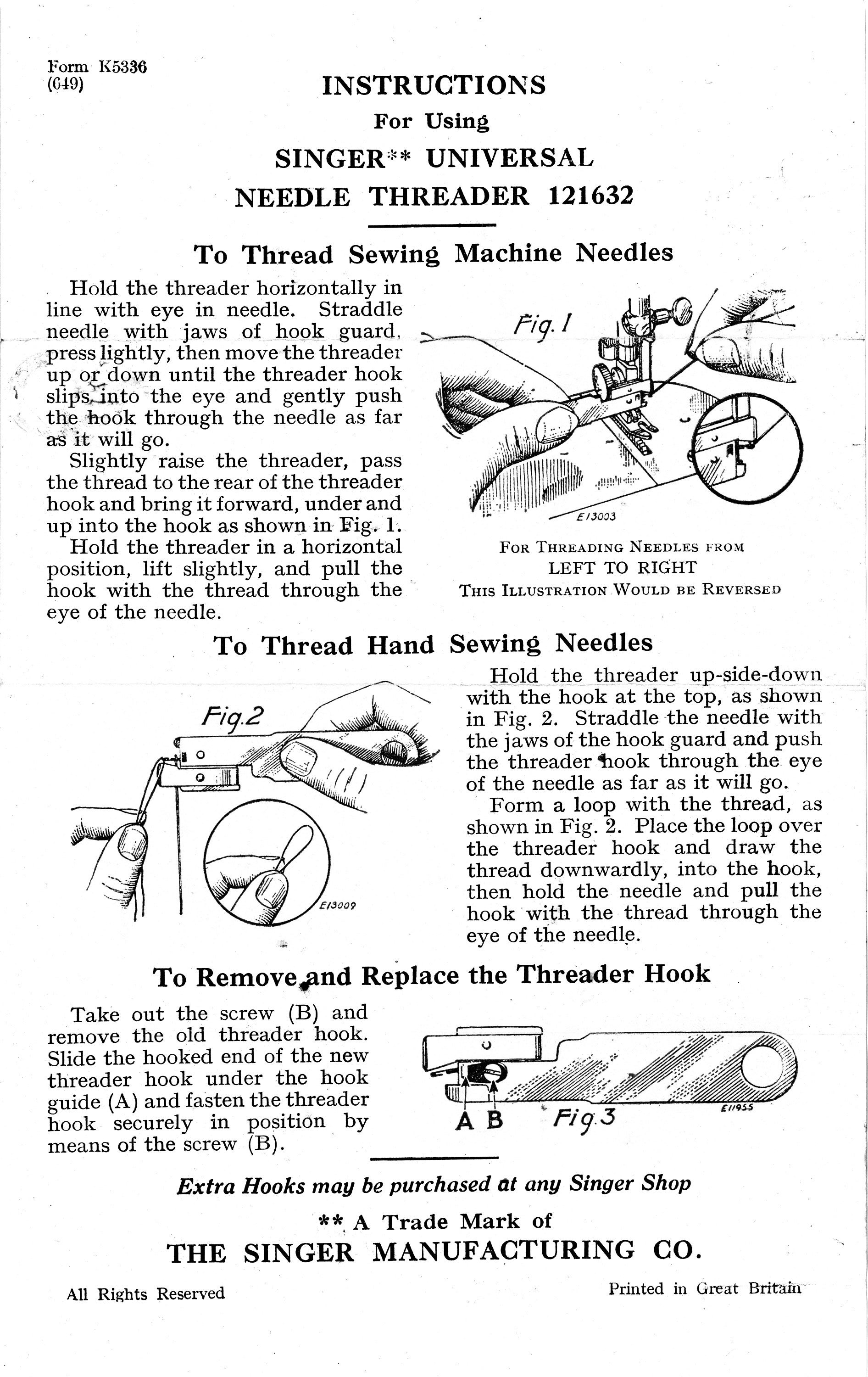 SINGER SIMANCO 121632 Sewing Machine Needle Threader Insertion | Etsy