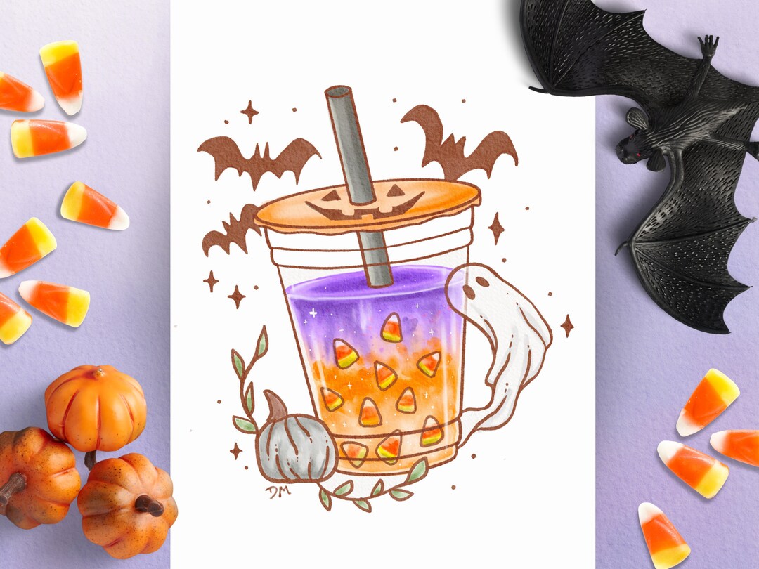 Halloween Boba Tea Art Print | Halloween Ghost Art Decor | Candy Corn ...