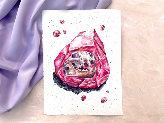 Cat Skull Painting Watercolor Gems Skull Gifts Hot Pink | Etsy