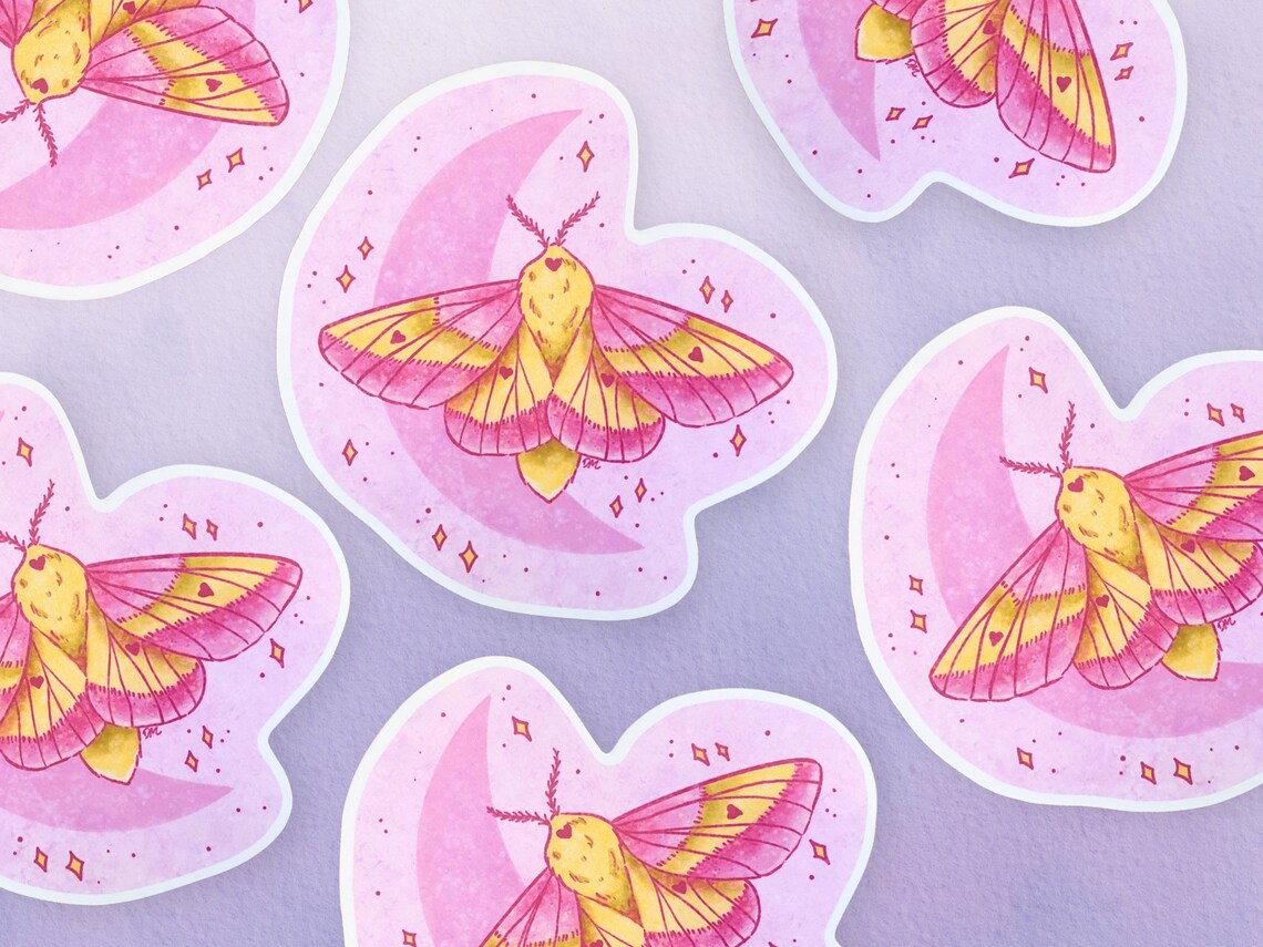 Rosy Maple Moth Sticker | Pastel Insect Art - Etsy