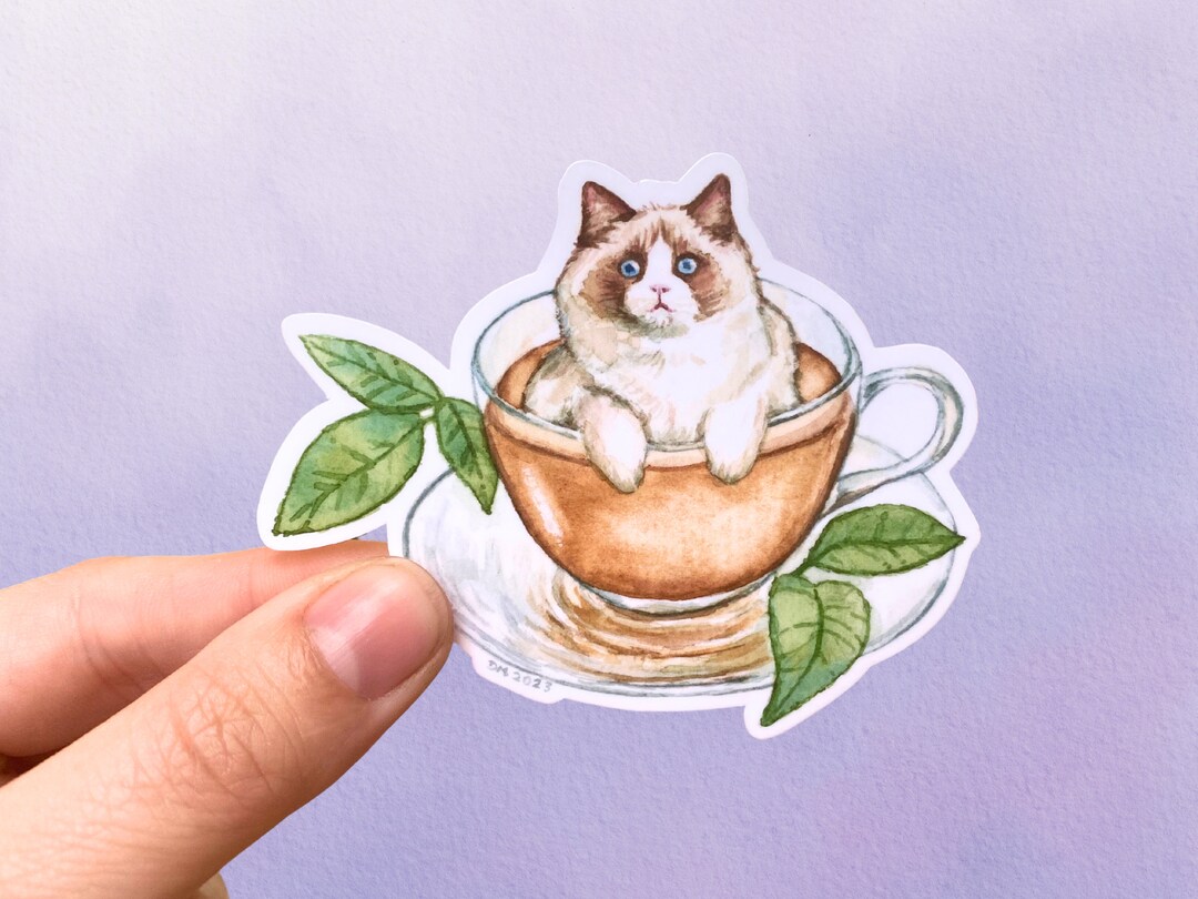 Cute Cat Teacup Vinyl Sticker | Cottagecore Animal Lover Sticker ...