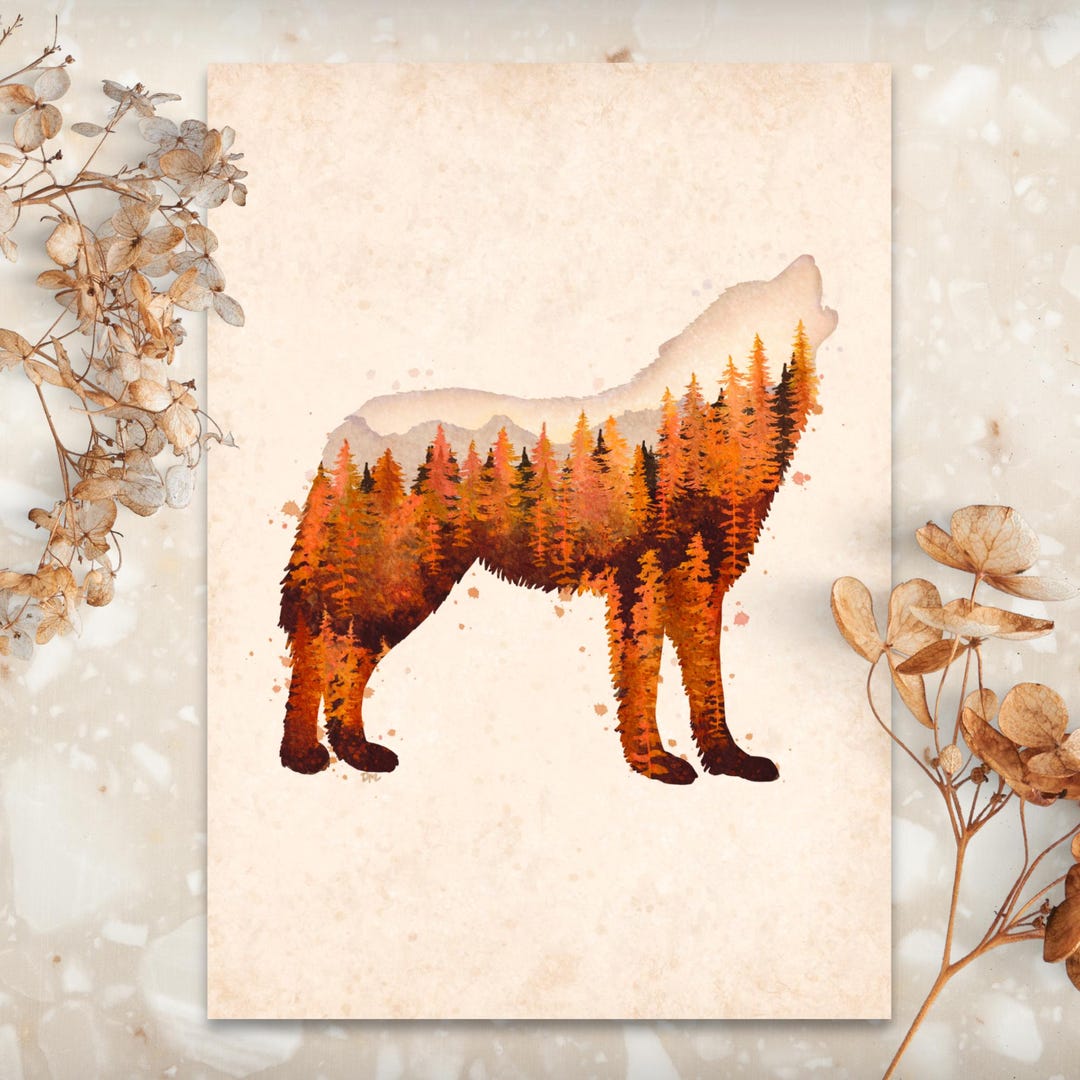 Fall Wolf Silhouette Wall Art Print | Nature Forest Animal Home Decor ...
