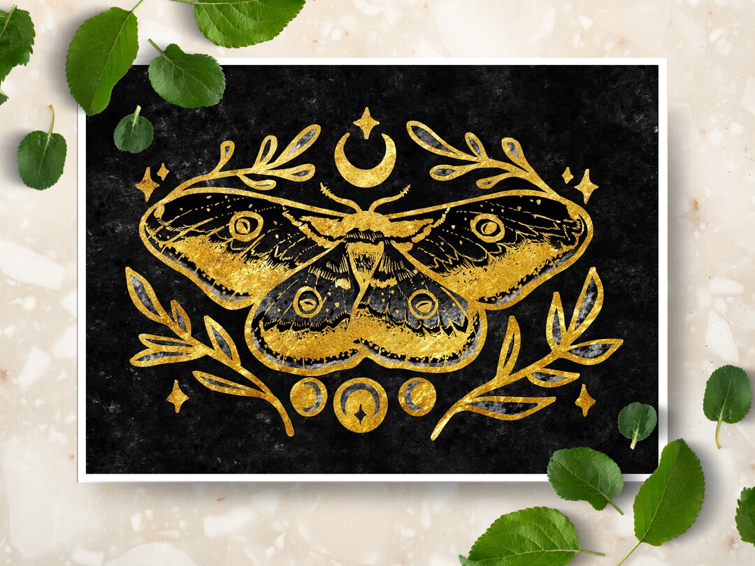 Gold Witchy Moth Moon Art Print Whimsigoth Insect Nature Wall Art Dark ...