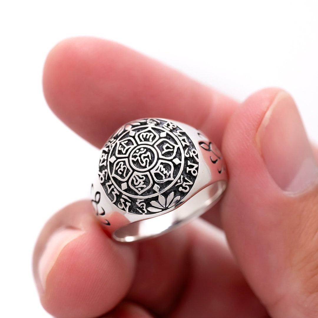 Six Word Mantra Sanskrit Sacred Lotus 925 Sterling Silver Buddhist ...