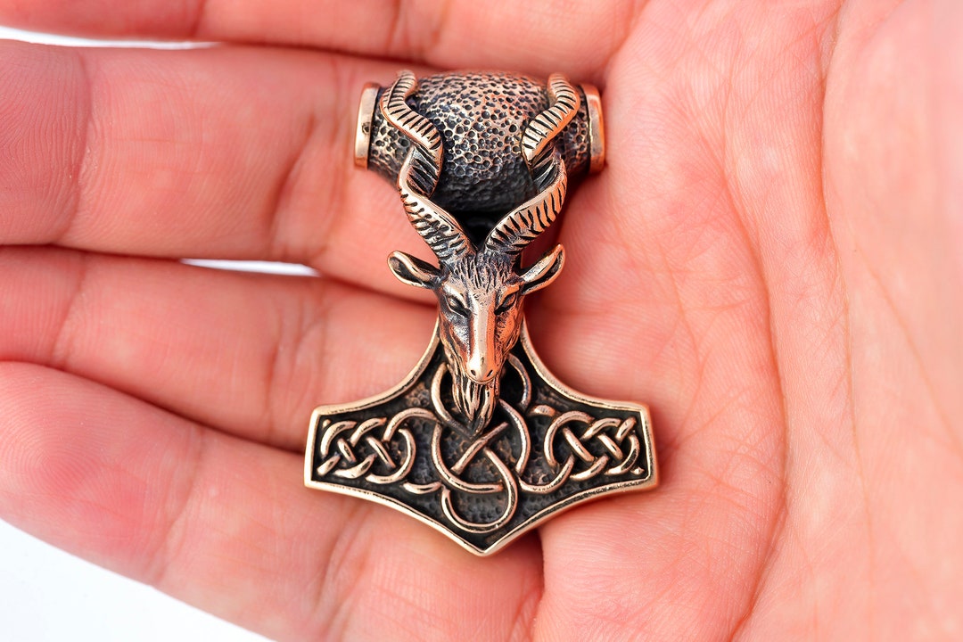 Handcrafted Bronze Thor Hammer Mjolnir Viking Ram Goat Knotwork Amulet ...
