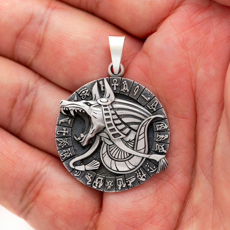 Egyptian Underworld God Anubis Jackal Head Hieroglyphs Sterling Silver ...