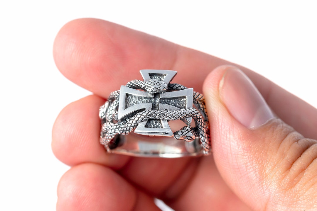 Iron Cross Snake Serpent Masonic Biker 925 Sterling Silver Handcrafted ...