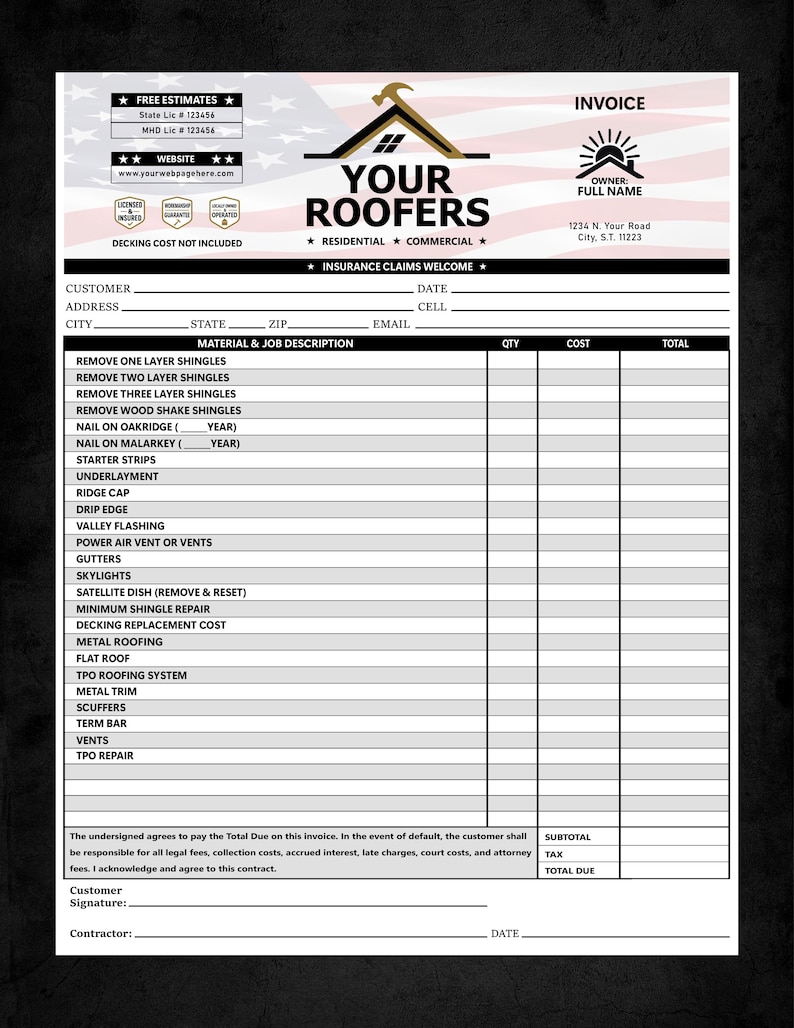 Roofing Invoice Template for Contractors – Editable Form for Roof ...