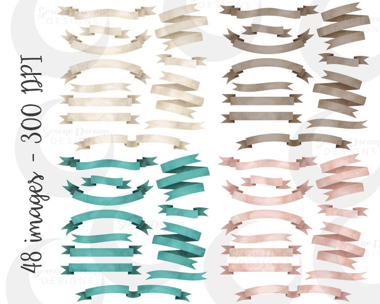Watercolor Banners Clipart Set - Ribbon Banners & Headers - Commercial ...