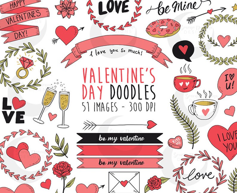 Valentine's Day Doodles Banners, Hearts, Wreaths Clipart Set Commercial ...