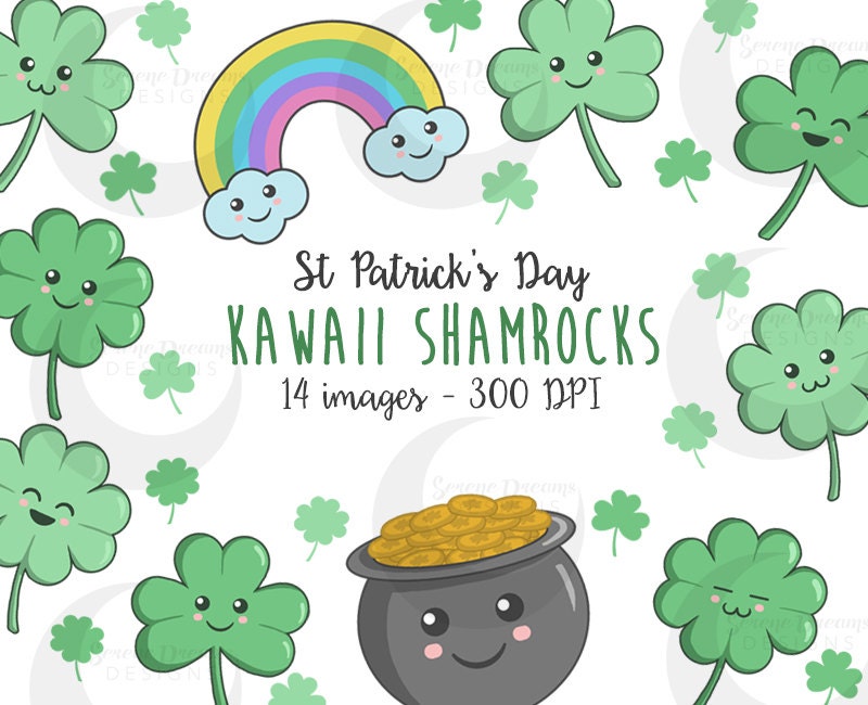Kawaii Shamrocks - Cute St Patrick's Day Clovers Clipart Set ...