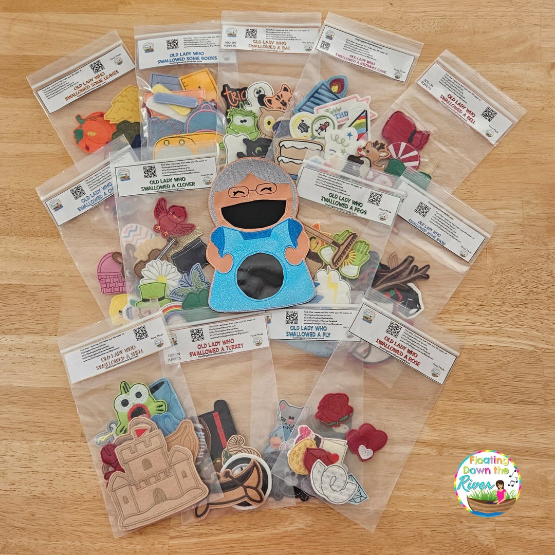 Old Lady Who Swallowed a Fly Puppets - Lady Plus 9, or 18 Finger Puppet ...