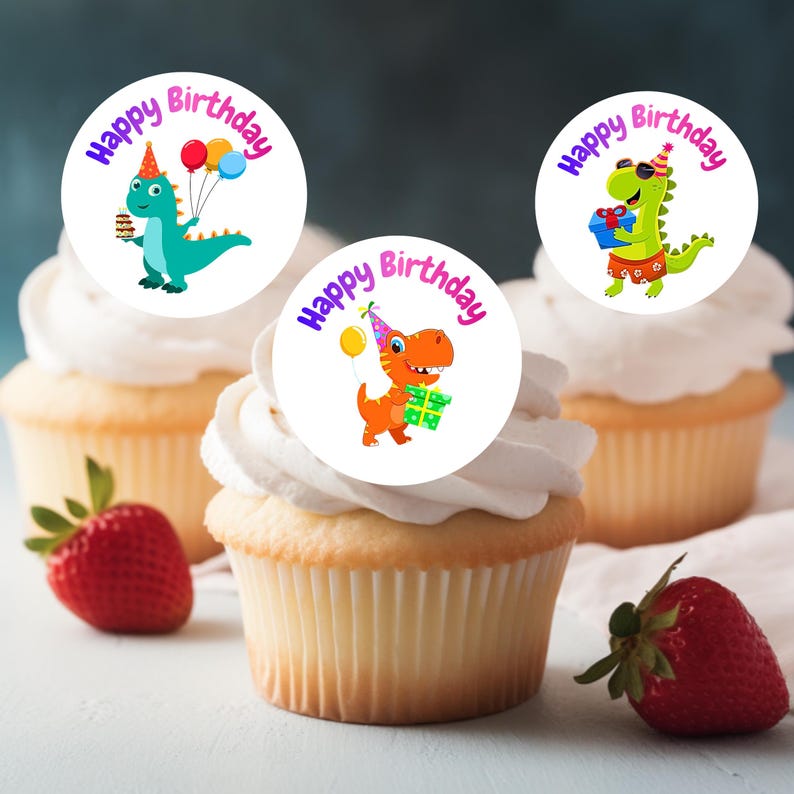 30 X Happy Birthday Dinosaurs Edible Cupcake Toppers - Precut - Quality ...