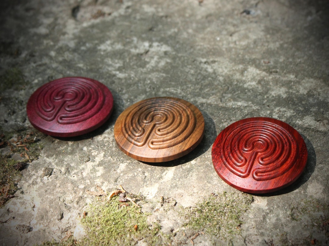 LABYRINTH Solid Wooden Double-sided Meditation Coin, EDC Wood Carving ...
