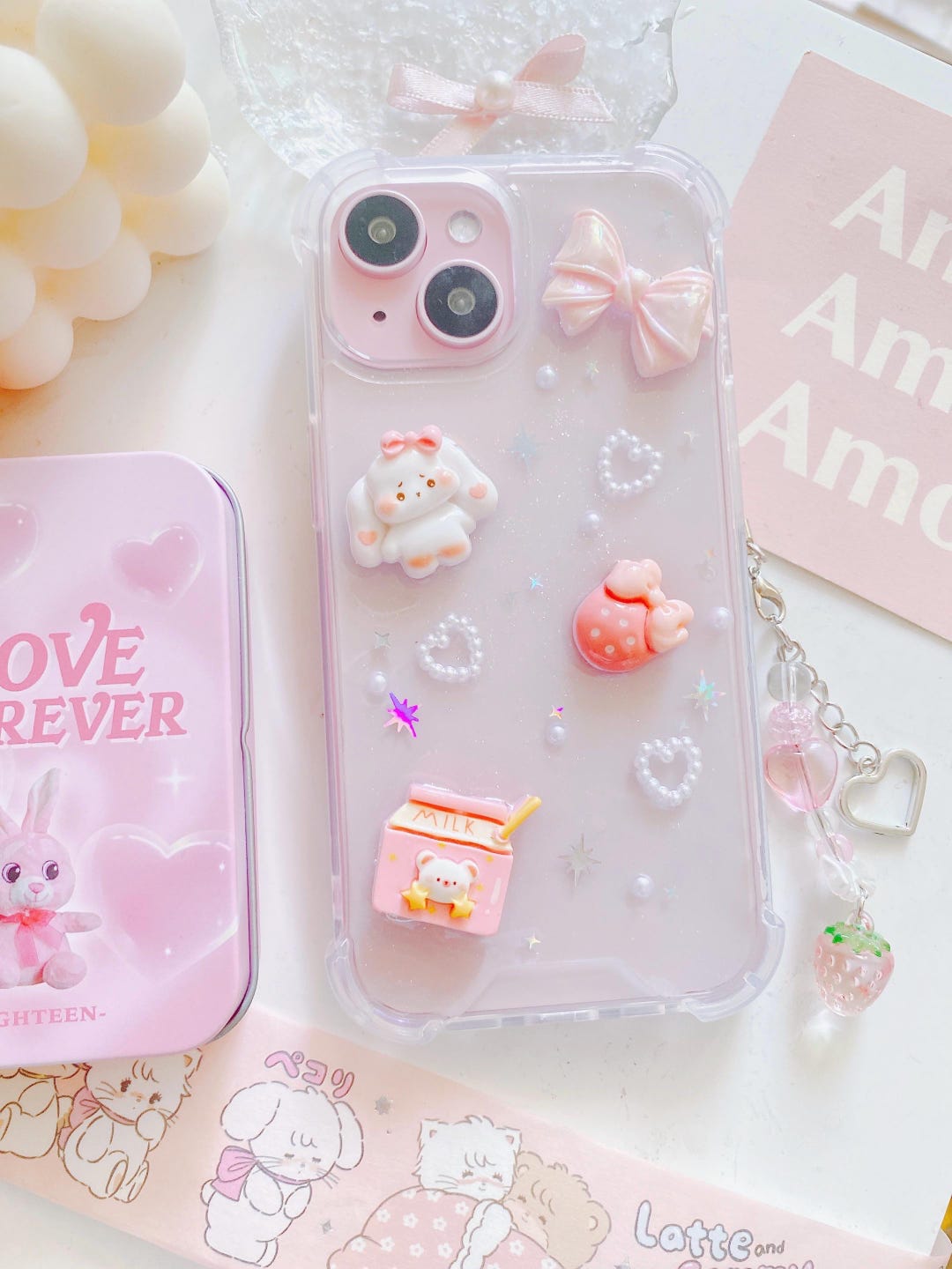 Handmade Rabbit Strawberry Milk Phone Case: Kawaii Resin Charm - Etsy