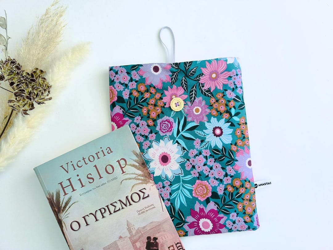 Turquoise Floral Padded Book Sleeve, Cotton Book Cover With Button ...