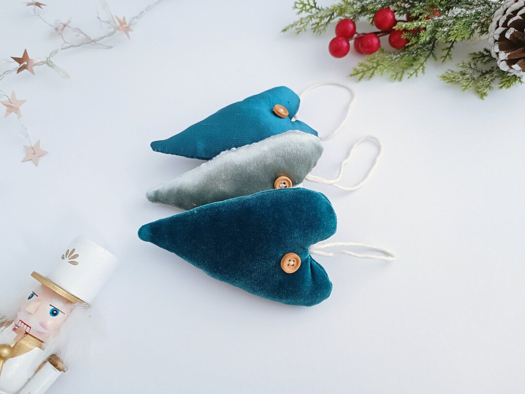 Set of 3 Blue Velvet Heart Ornaments, Christmas Tree Ornaments, Fabric ...
