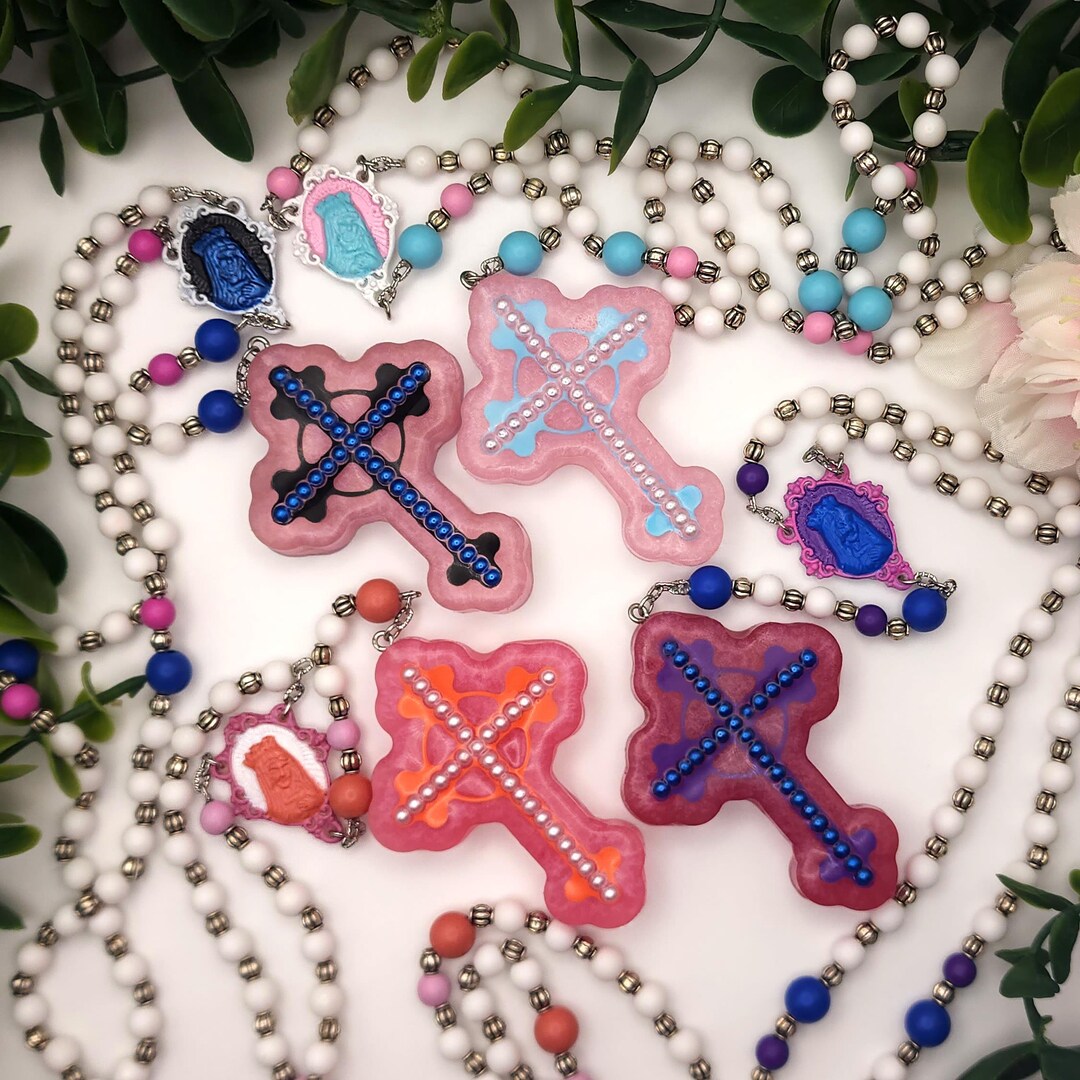 Rosary Prayer Beads - Handmade Pearl Resin Pink Cross Rosaries ...