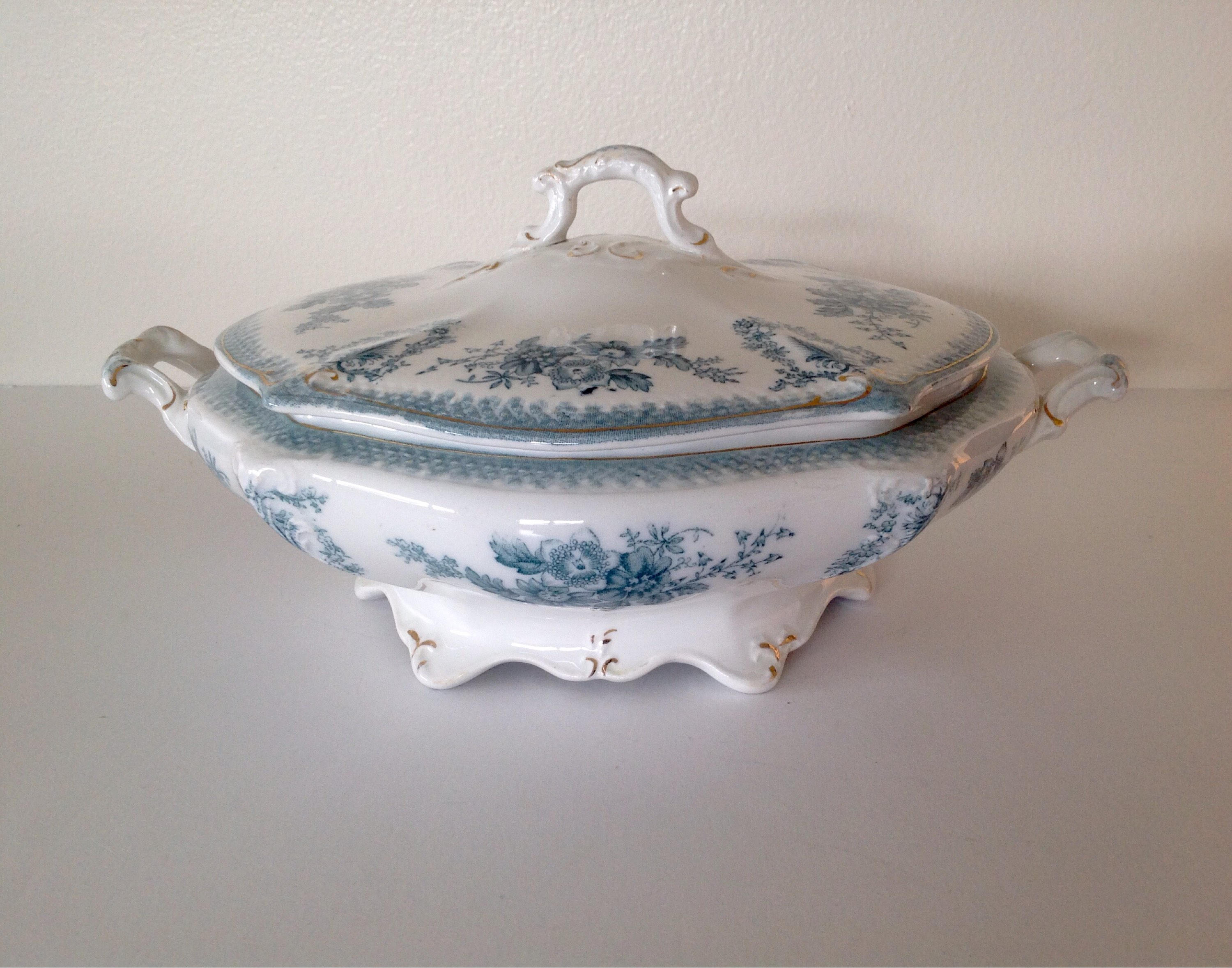 Antique Tureen W H Grindley Brussels Pattern Blue / Green Transferware ...