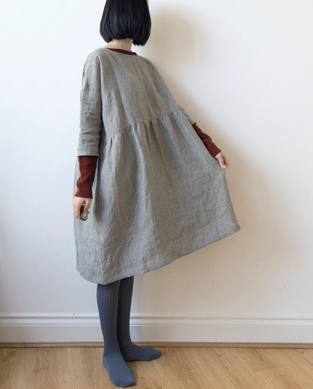 Fine Stripe Grey Linen Dress Spring Summer Autumn Winter - Etsy UK
