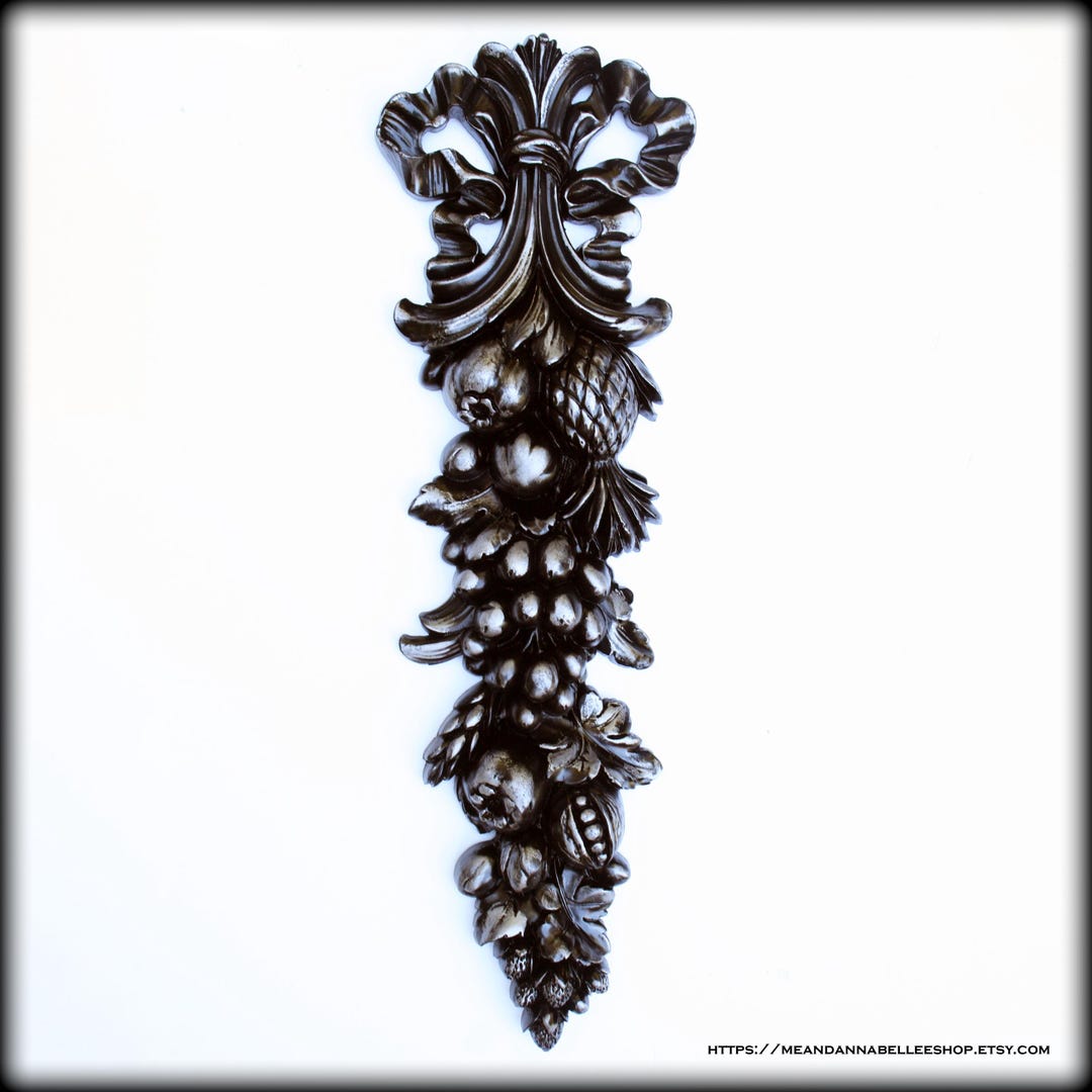Vintage Syroco Wood Fruit & Ribbon Bow Wall Plaque | Black Pewter ...
