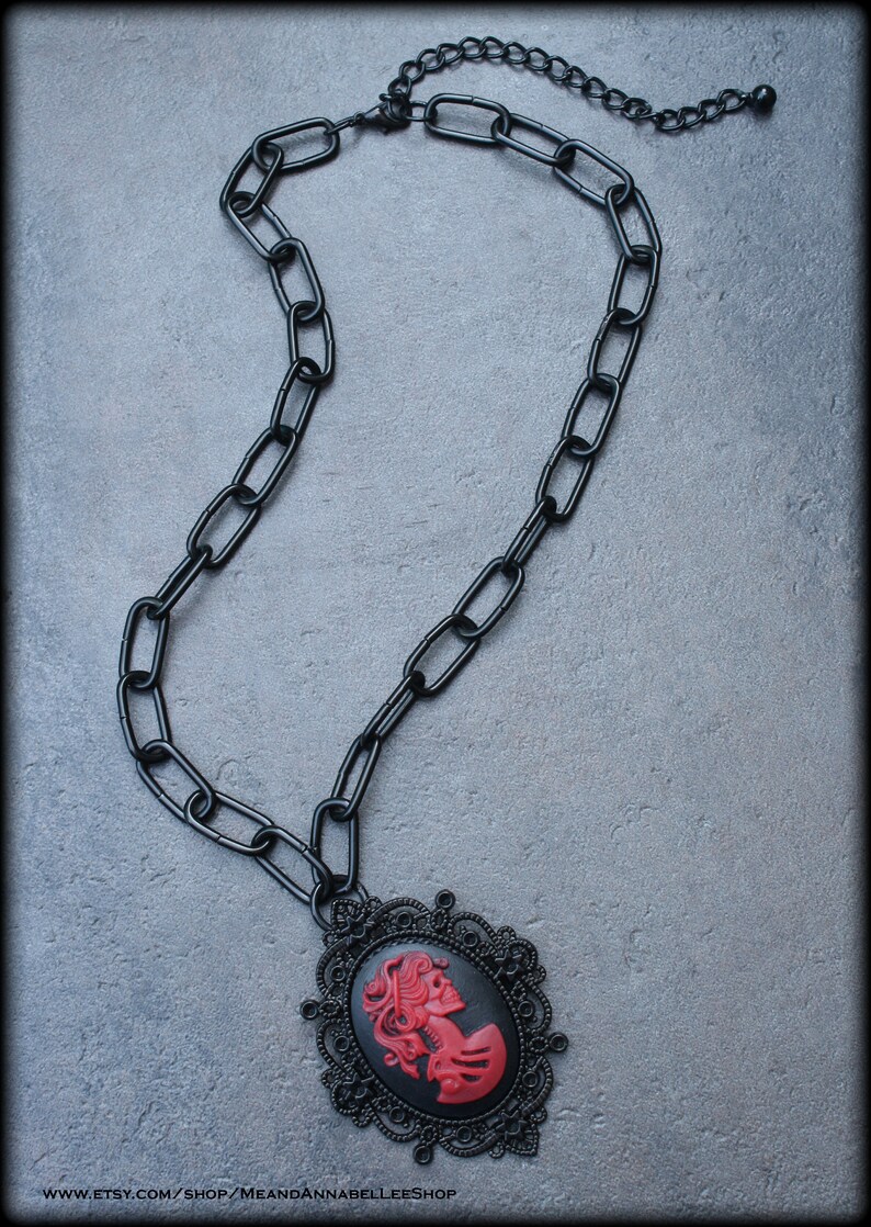 Lady Skull Cameo Necklace Black & Red Skeleton Victorian - Etsy