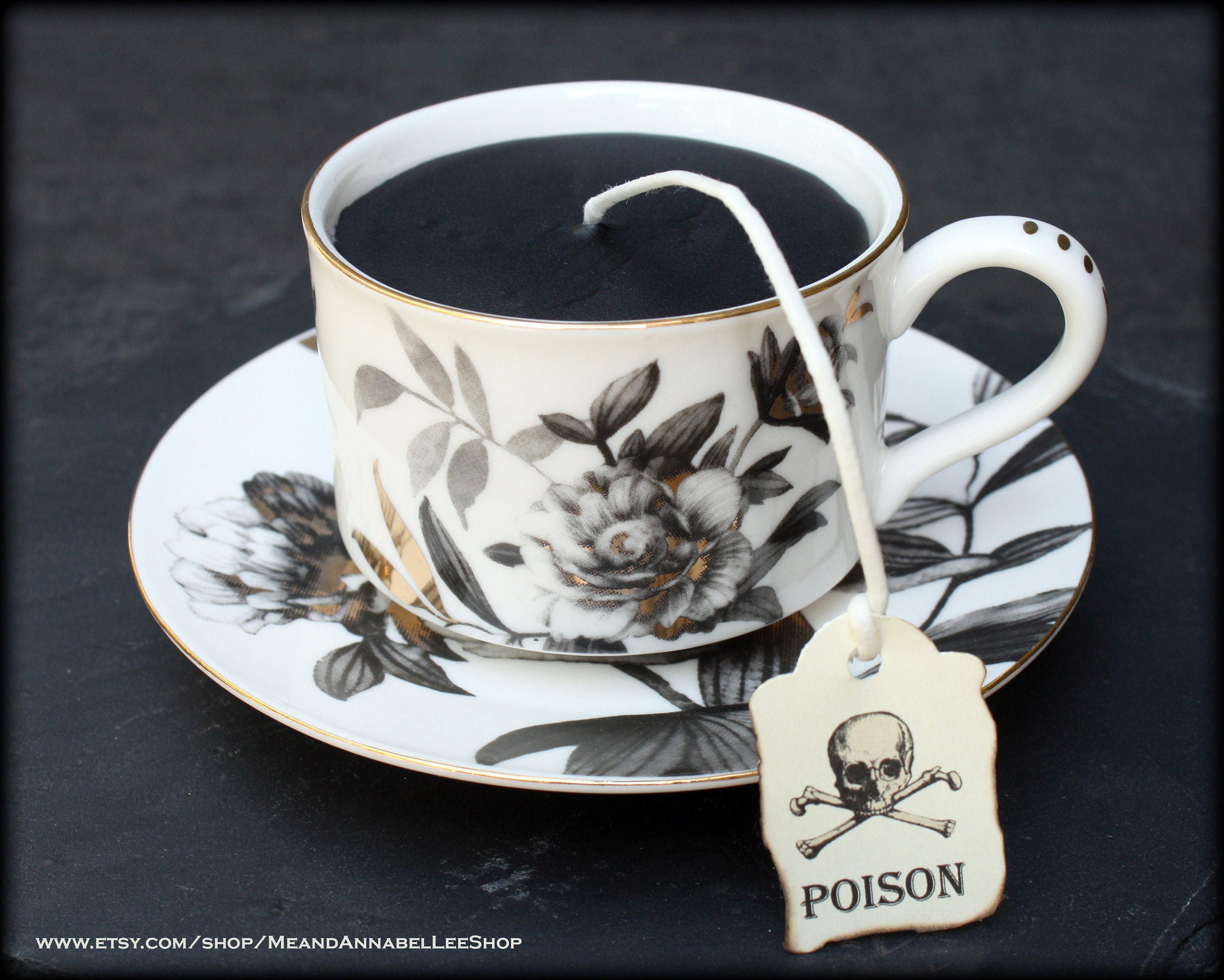 Victorian Gothic Black Tea Cup Candle | Black Gold Peonies Cup & Saucer ...