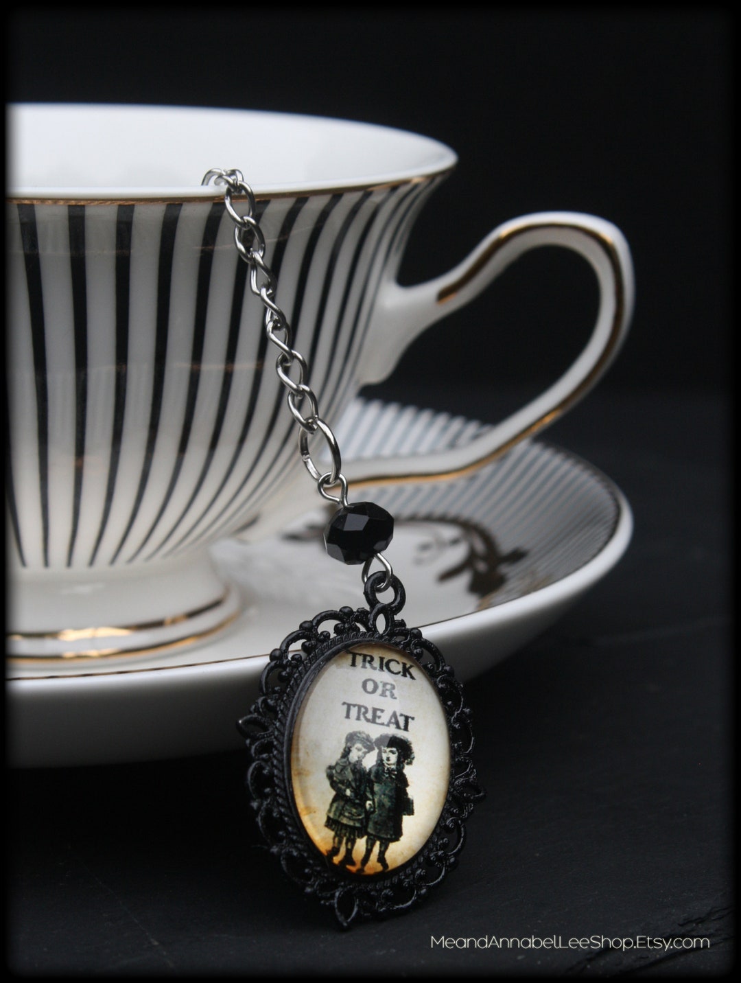 Trick or Treat Tea Ball Infuser | Black Halloween Cameo | Victorian ...